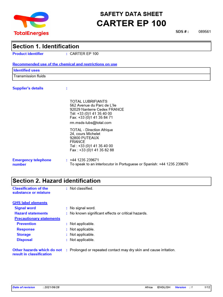 CATER EP 100 SDS | PDF | Toxicity | Occupational Safety And Health