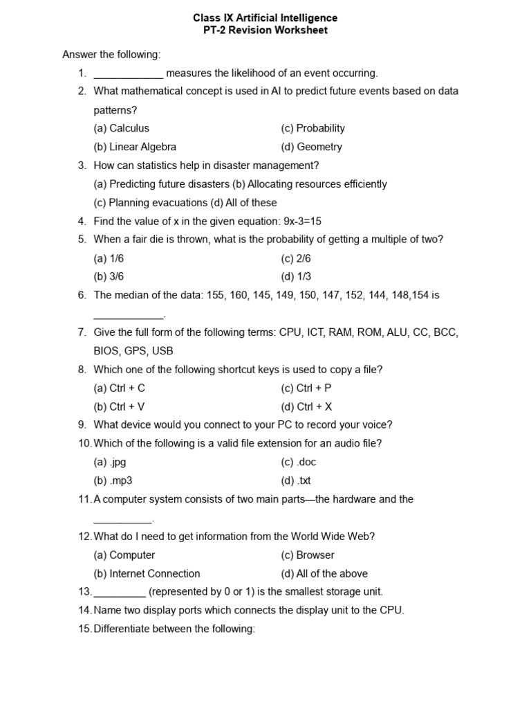 Class 9 PT-2 Revision Worksheet | PDF | Computer File | Mathematics