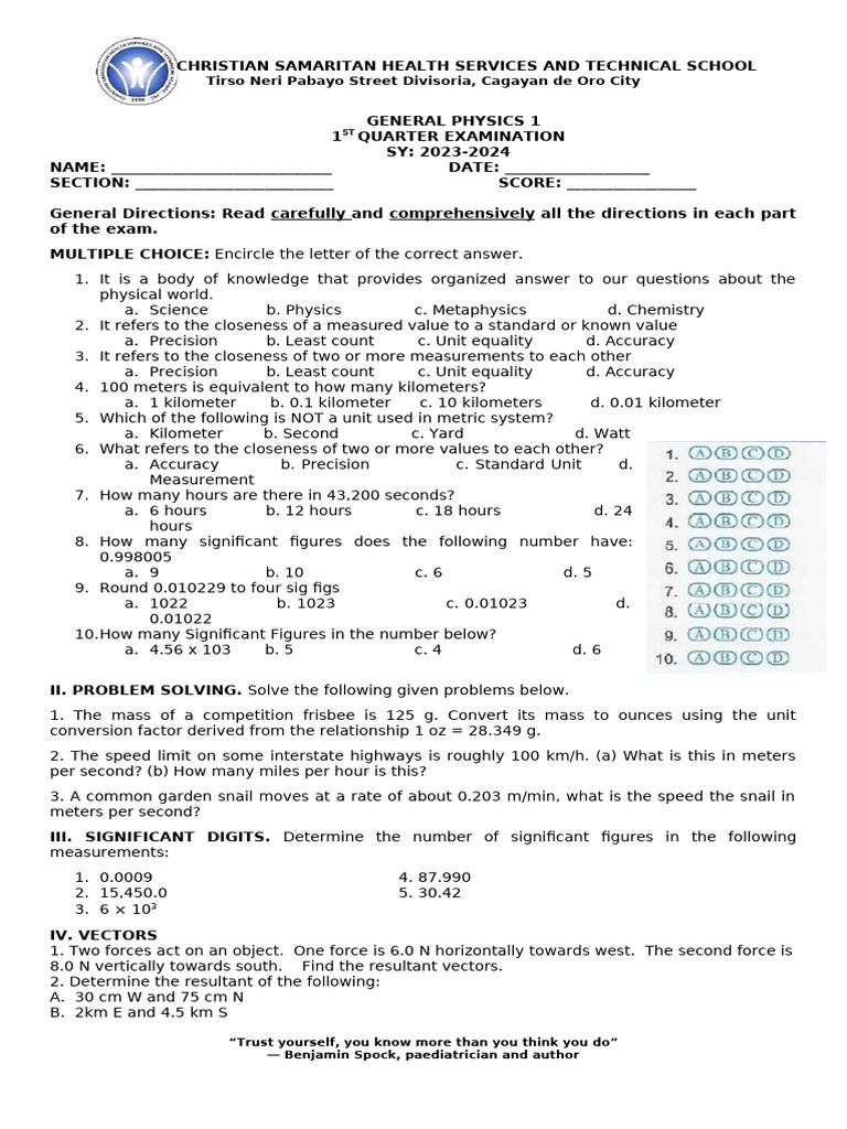 1ST Quarter in General Physics | PDF | Accuracy And Precision ...