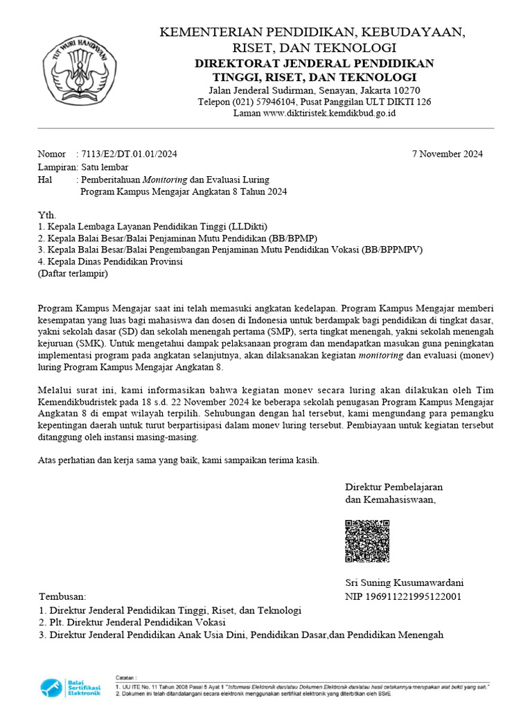 Pemberitahuan Monitoring Dan Evaluasi Luring Program Kampus Mengajar Angkatan 8 Tahun 2024 | PDF