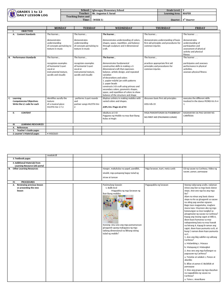 Grade 5 DLL MAPEH 5 Q4 Week 5 | PDF