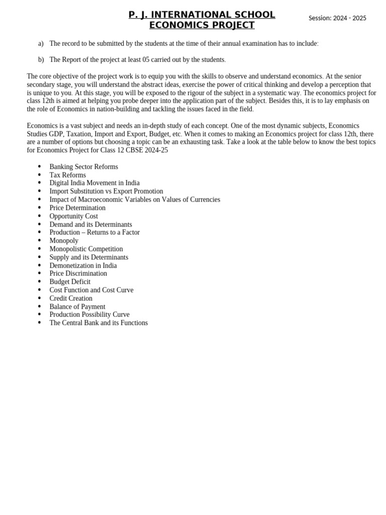 Class 12 Economics Project Topics 2024 | PDF