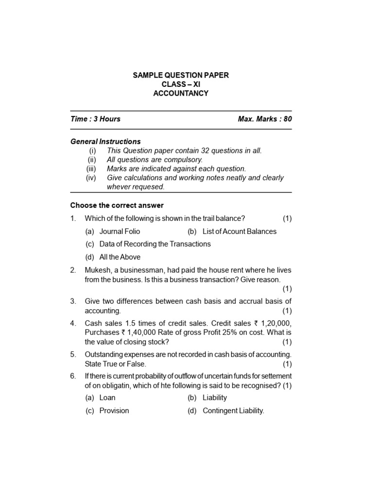 Class XI Accountancy Question Paper 2020 | PDF | Debits And Credits ...
