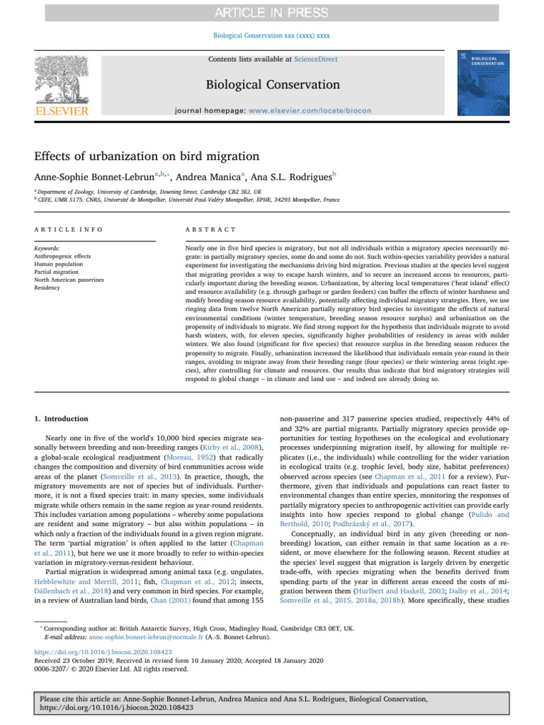 10 1016@j Biocon 2020 108423 | PDF | Bird Migration | Ecology