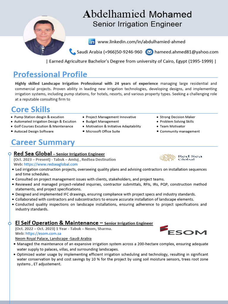 Senior Irrigation Engineer-Abdelhamied Mohamed Resume - Milky | PDF ...
