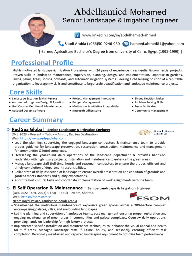 Senior Landscape Engineer Profile | PDF | Irrigation | Golf Course
