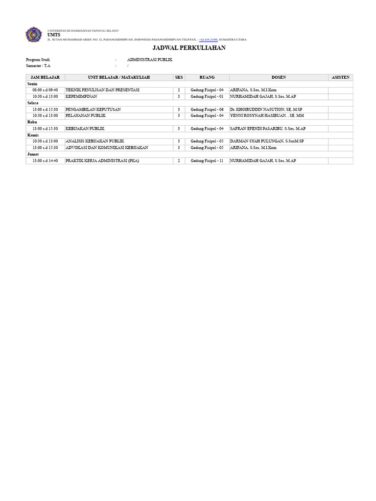 Roster Jadwal Perkuliahan | PDF