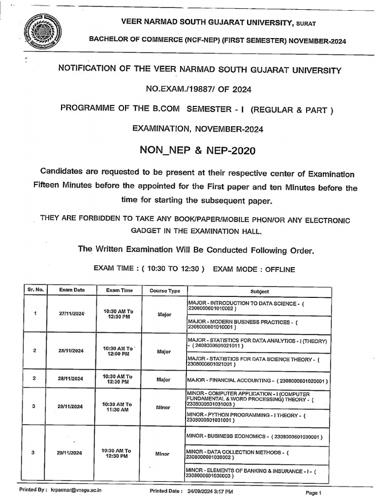 Nep & Non Nep Fybcom Sem 1 Univ Exam Time Table | PDF