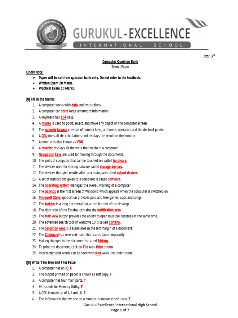 3rd Grade Computer Exam Question Bank | PDF | Software | Icon (Computing)