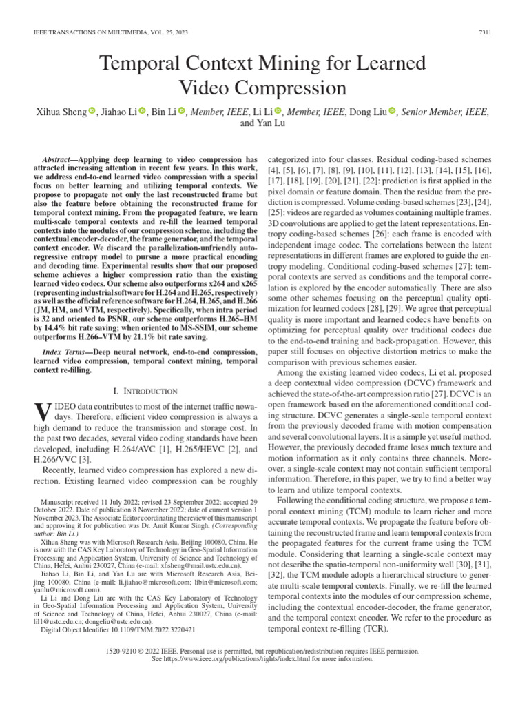 Temporal Context Mining For Learned Video Compression | PDF | Data Compression | Codec