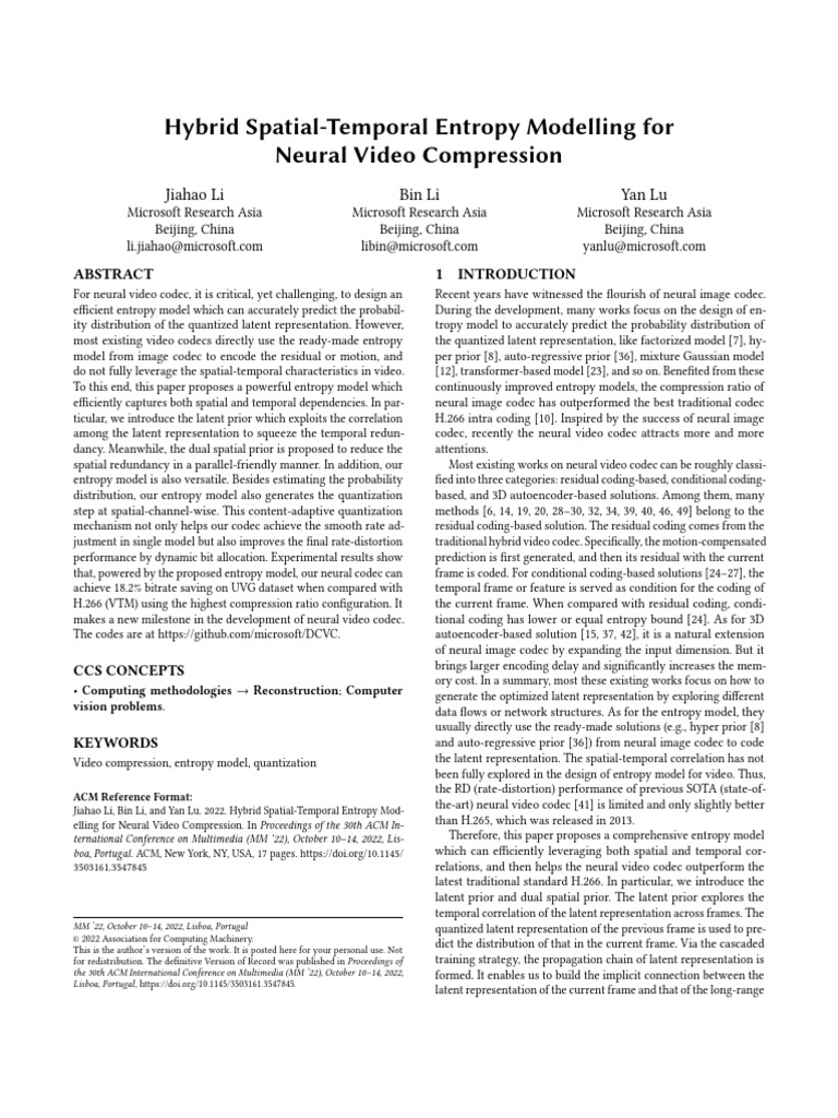 Hybrid Spatial-Temporal Entropy Modelling For Neural Video Compression | PDF | Data Compression ...