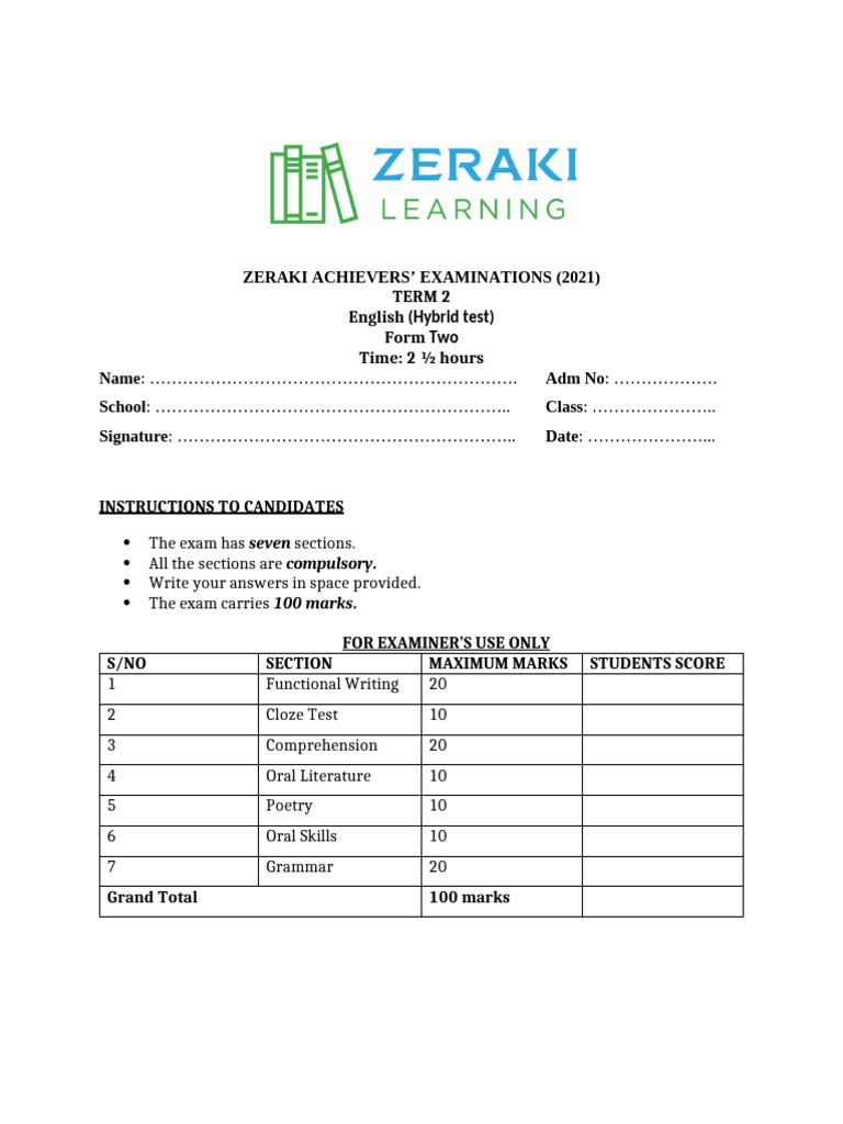 English Form 2 - Zeraki Achievers 2.0 - Question Paper | PDF | Pronoun
