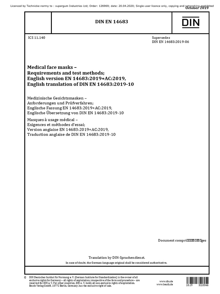 EN 14683:2019 Medical Face Masks Standard | PDF | Technology & Engineering