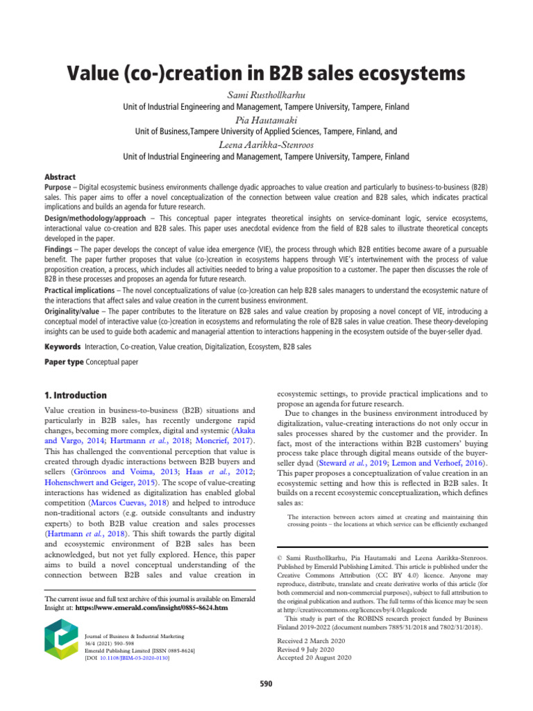 Value Co-Creation in B2B Sales Ecosystems | PDF | Sales | Marketing