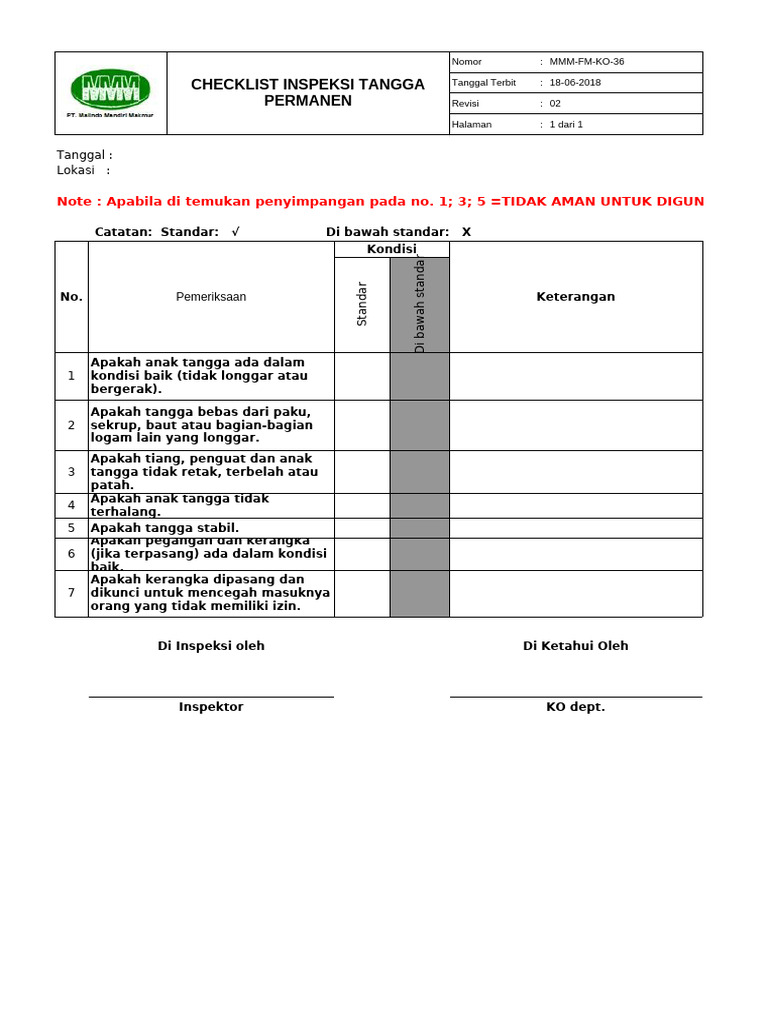 MMM-FM-KO-36 - 02 (Form Checklist Inspeksi Tangga Permanen) | PDF
