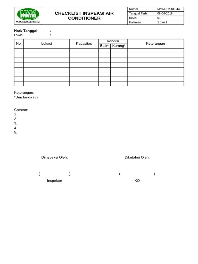 MMM-FM-KO-44 - 01 (Form Checklist Inspeksi Air Conditioner-AC) | PDF