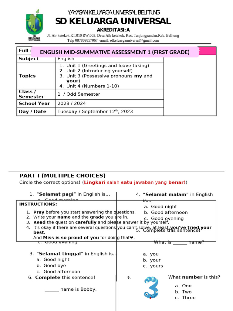 Midterm Assessment Kelas 1 2023 2024 | PDF | Syntax | Linguistics
