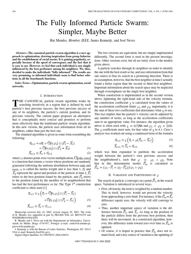 The Fully Informed Particle Swarm Simpler Maybe Better | PDF | Mathematical Optimization ...