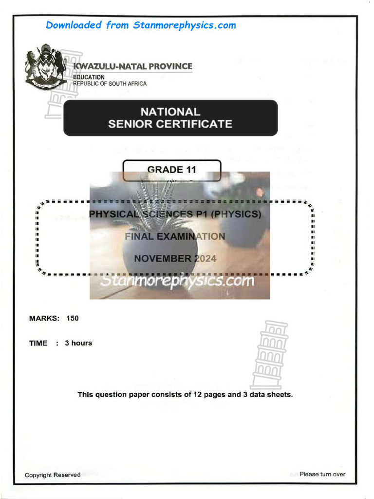 KZN Physical Sciences Grade 11 November 2024 P1 and Memo | PDF