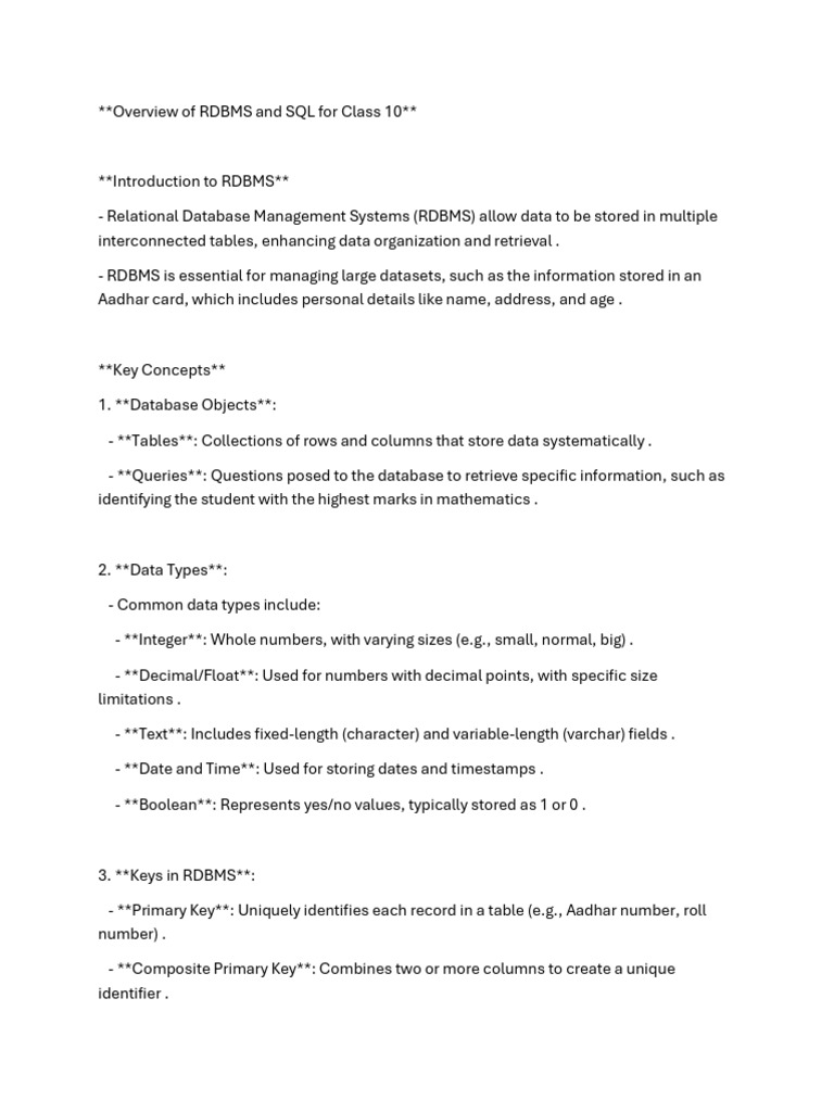 Overview of RDBMS and SQL For Class 10 | PDF | Relational Database | Sql