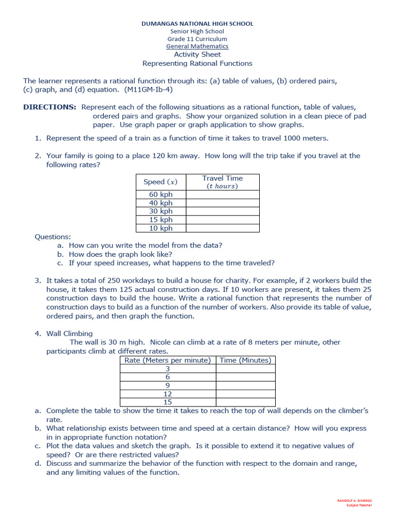 Activity Sheet-Represent Rational Functions Using Table of Values ...