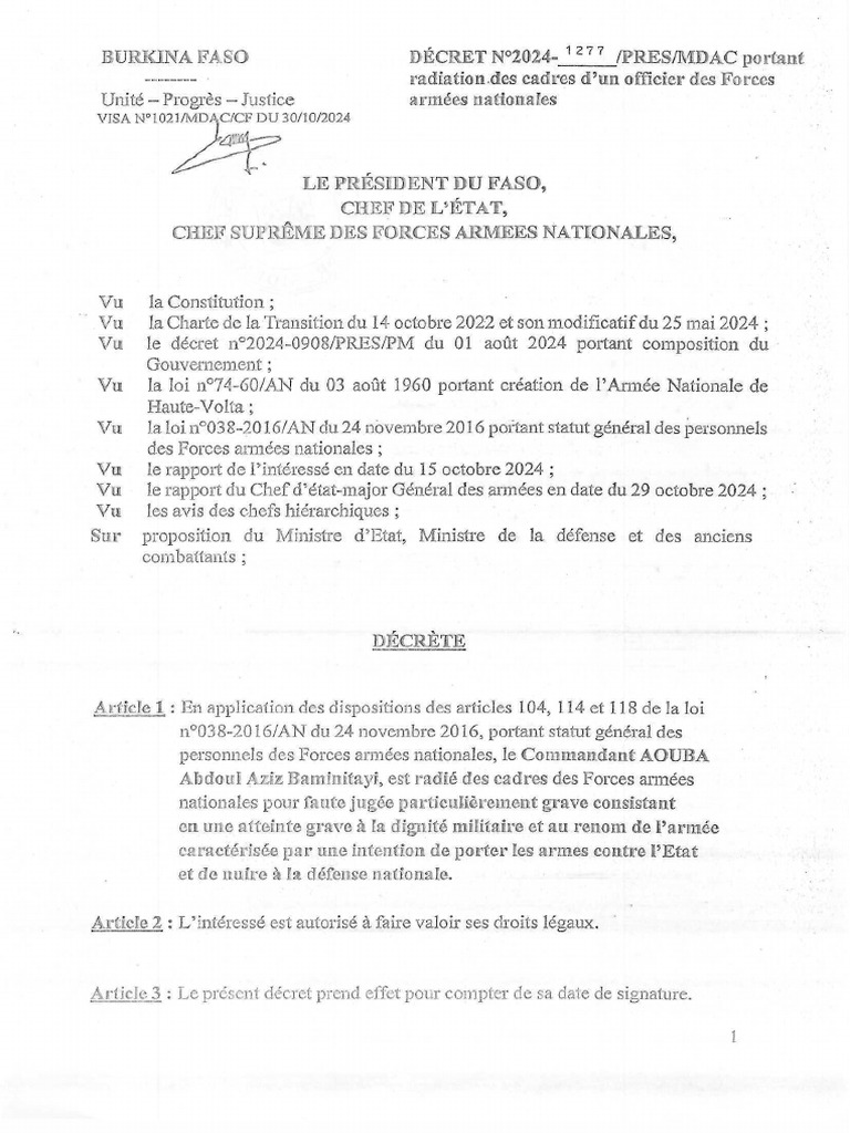 DÃ© Cret - Portant Radiation D'un Officier Des Forces Armã© Es ...