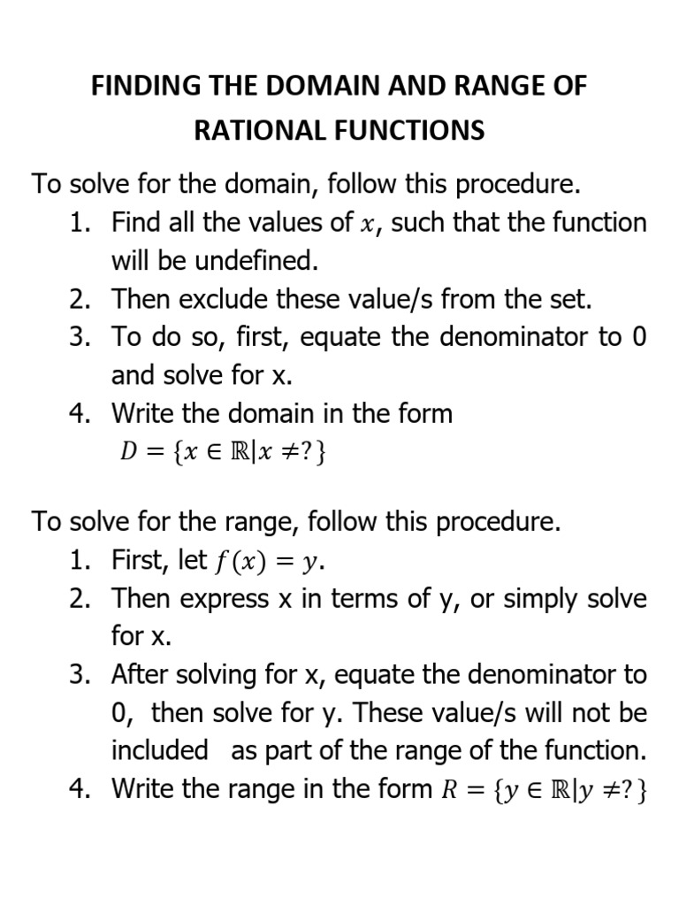 FINDING THE DOMAIN AND RANGE OF RATIONAL FUNCTIONS-procedure | PDF