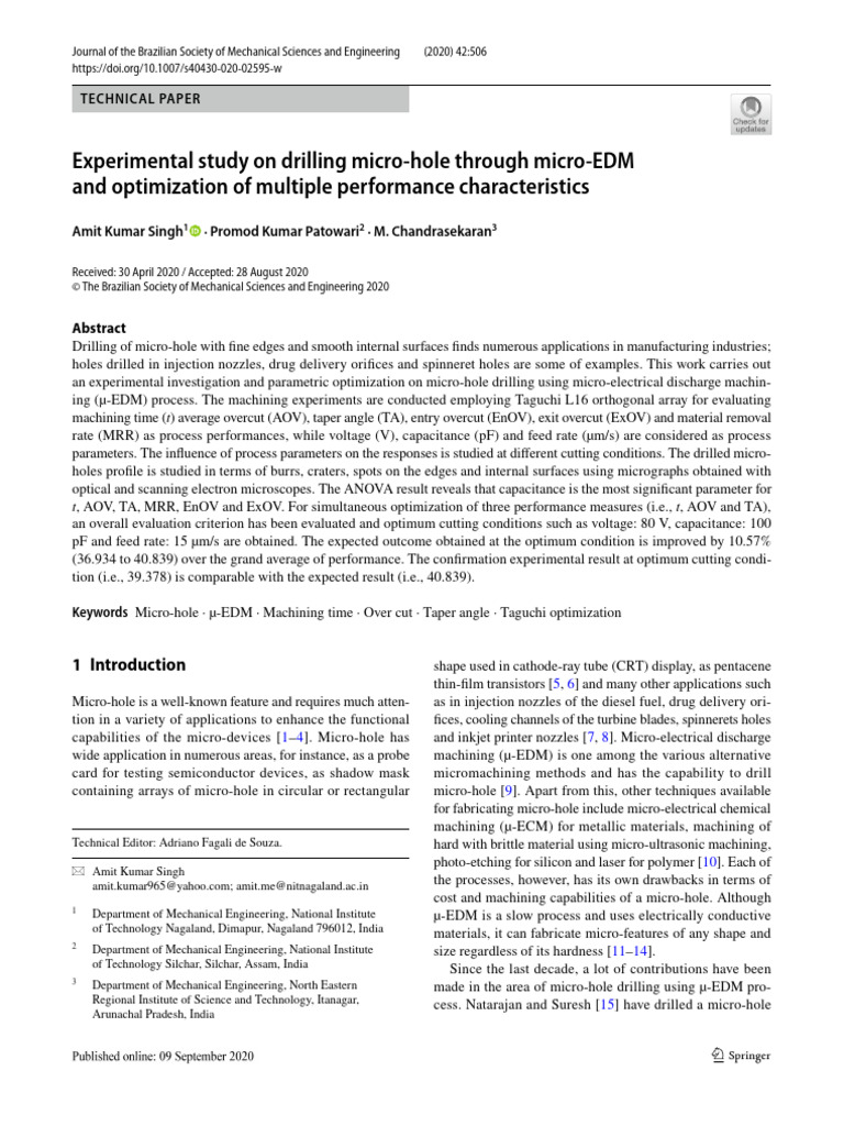 Experimental Study On Drilling Micro Hole Through Micro EDM and Optimization of Multiple ...