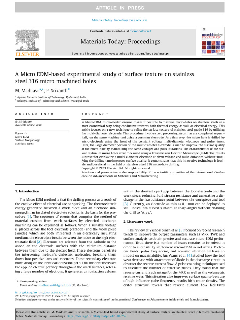 A Micro EDM Based Experimental Study of Surface Texture 2023 Materials ...