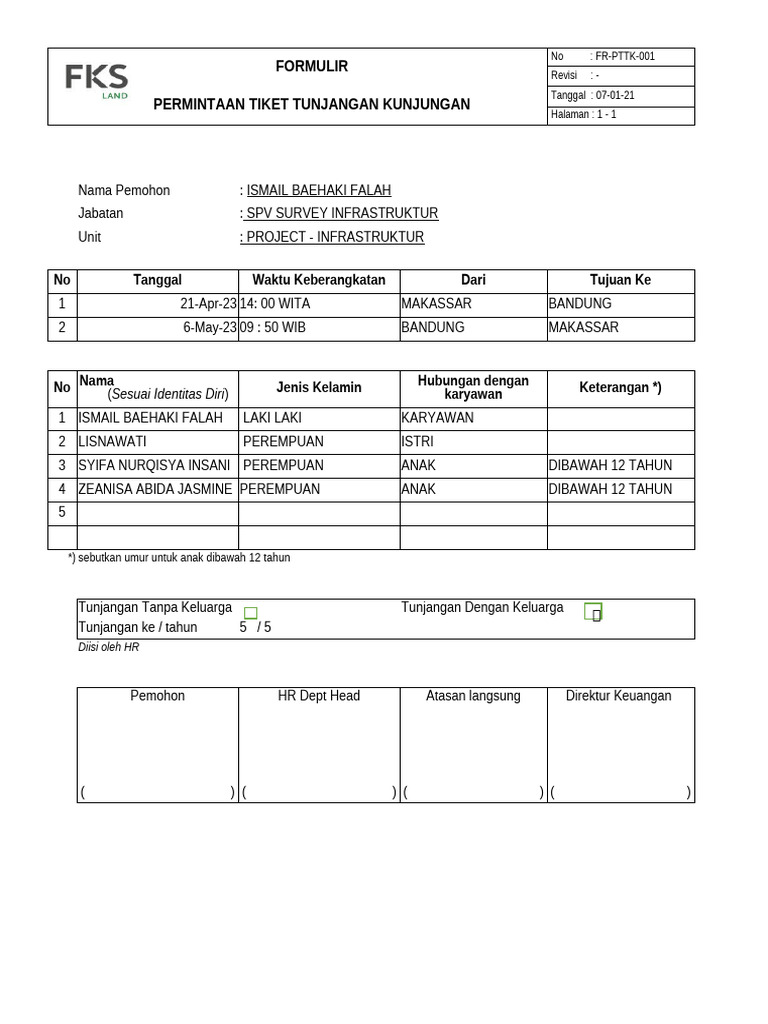 Form Permintaan Tiket Tunjangan Kunjungan 2023 | PDF