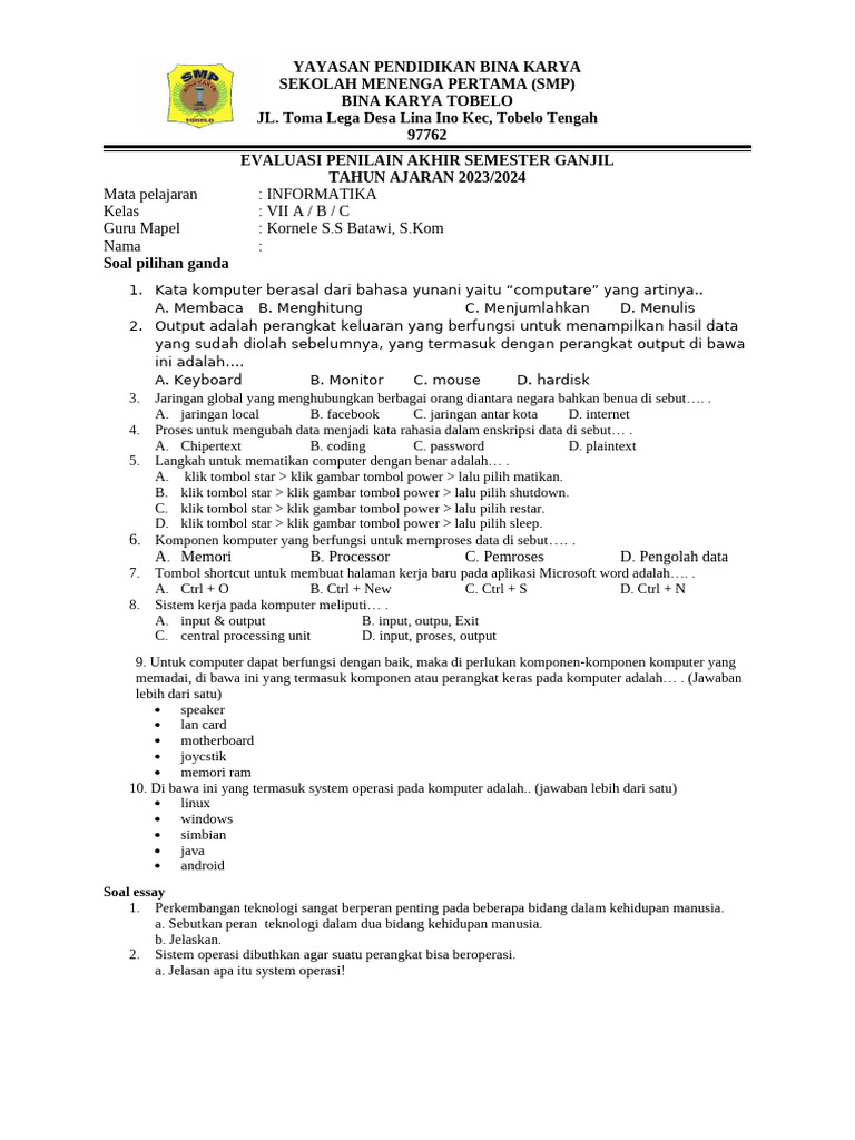 Pas Informatika Vii SMP 2023-2024 | PDF