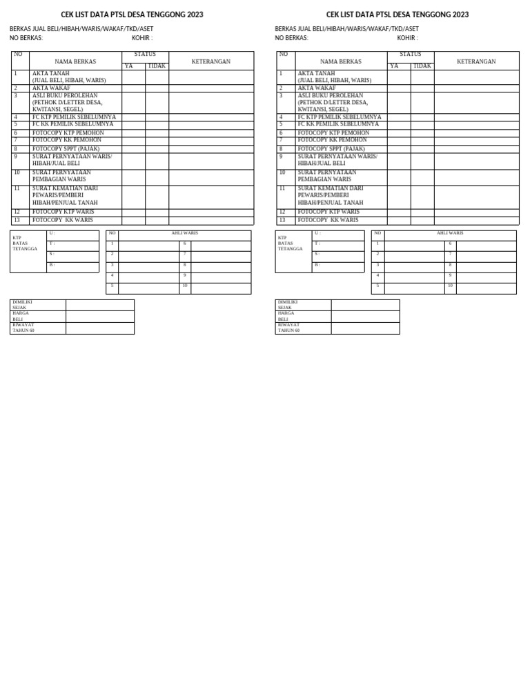 Cek List Data PTSL Desa Tenggong 2023 | PDF