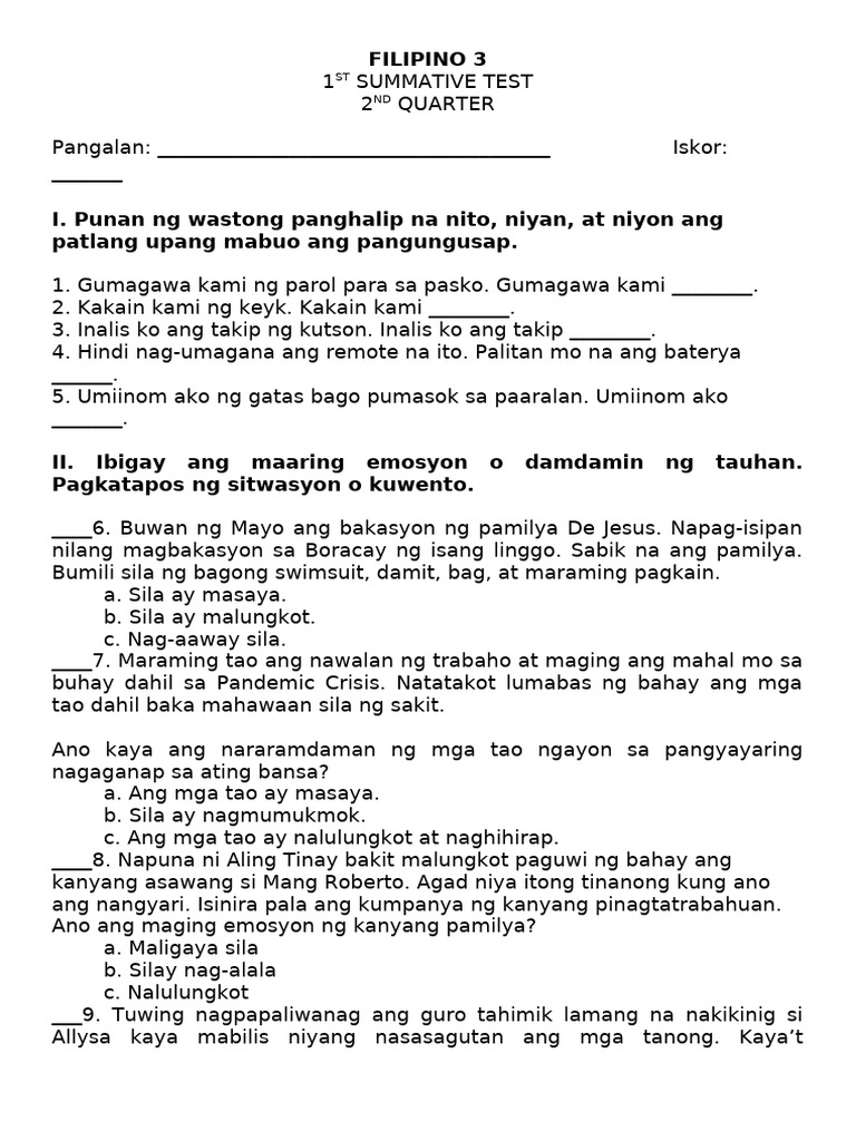q2 Summative Test Filipino 3 | PDF