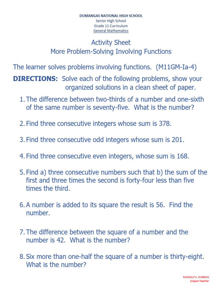 Grade 11 Math Problem-Solving Sheet | PDF | Numbers | Function (Mathematics)
