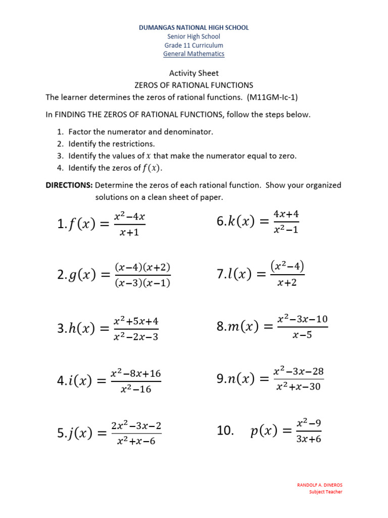 Activity Sheet-Finding Zeros of Rational Functions | PDF | Rational ...