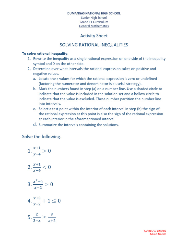 Activity Sheet-Solving Rational Inequalities | PDF | Numbers | Interval (Mathematics)