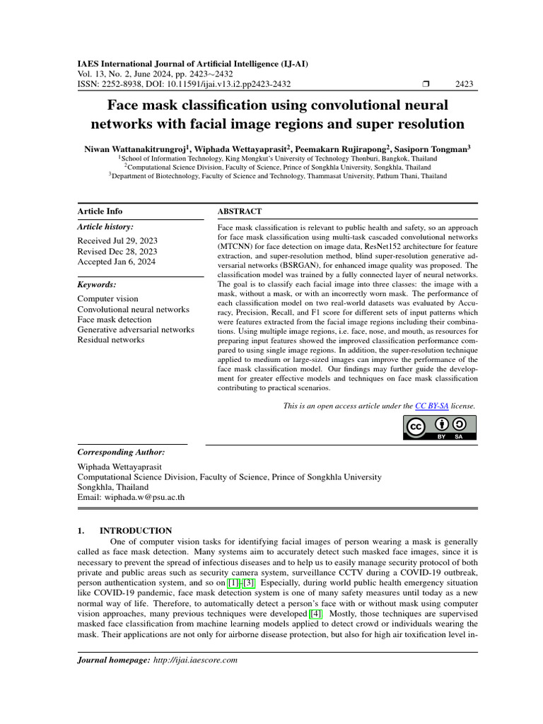 Face Mask Classification Using Convolutional Neural Networks With Facial Image Regions and Super ...
