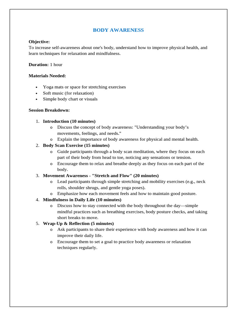 Body Awareness Session Plan | PDF