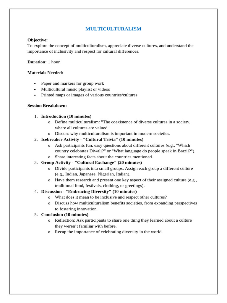 Multiculturalism Session Plan | PDF | Social Science