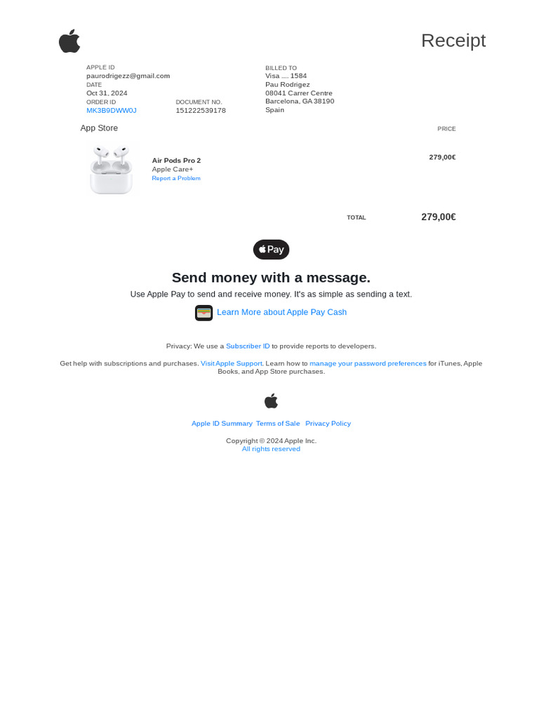 AirPods Pro 2 Purchase Receipt | PDF