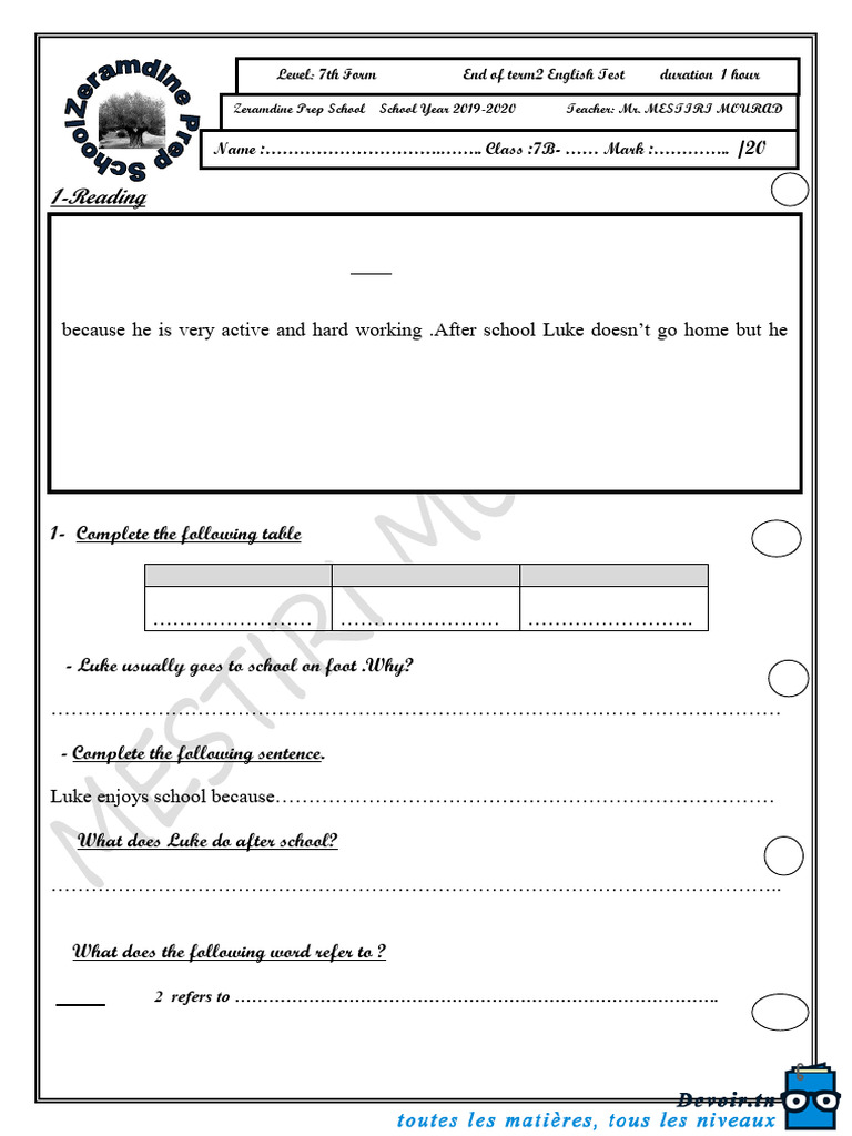 Devoir de Synthèse N°2 2019 2020 (Zeramdine Prep School) | PDF | Language Arts & Discipline