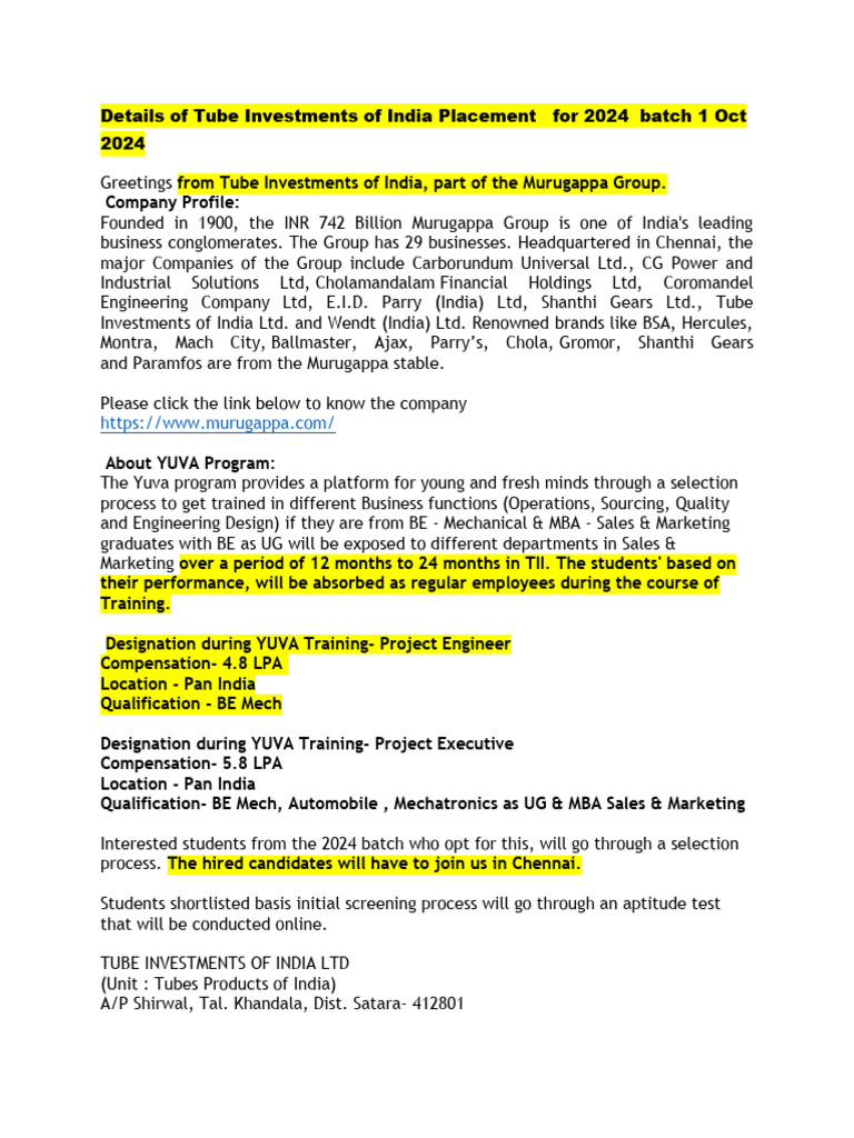 Tube Investments YUVA Program 2024 Details | PDF | Business