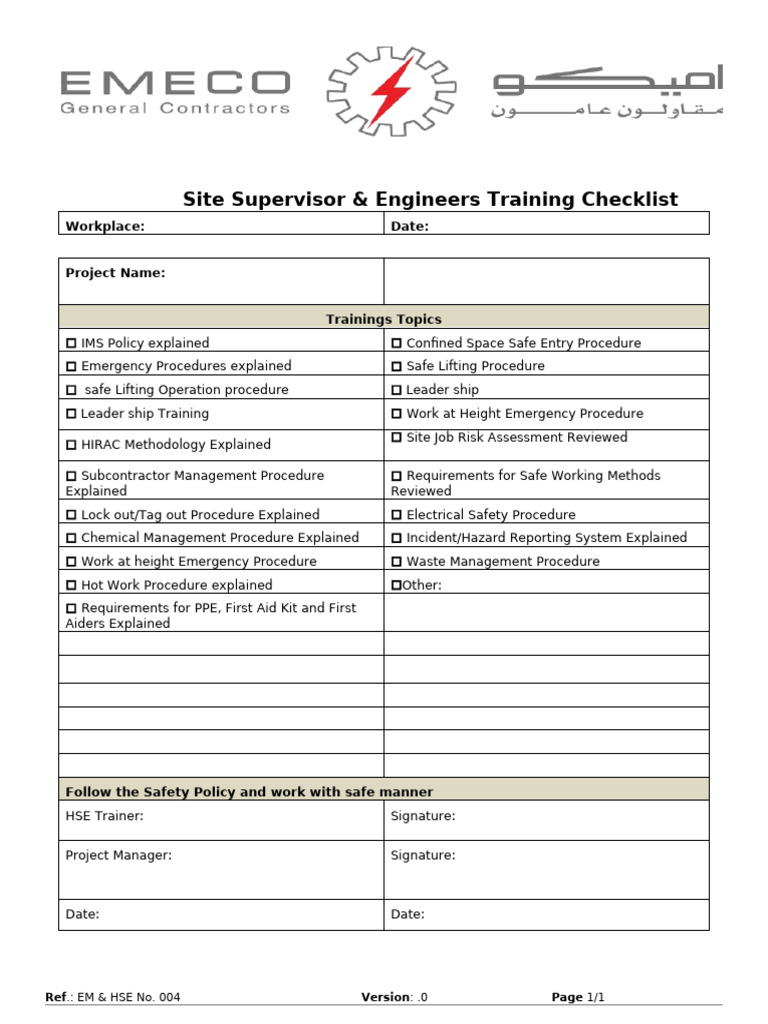 Engineer and Supervisor Training Chceklist | PDF | Business | Computers