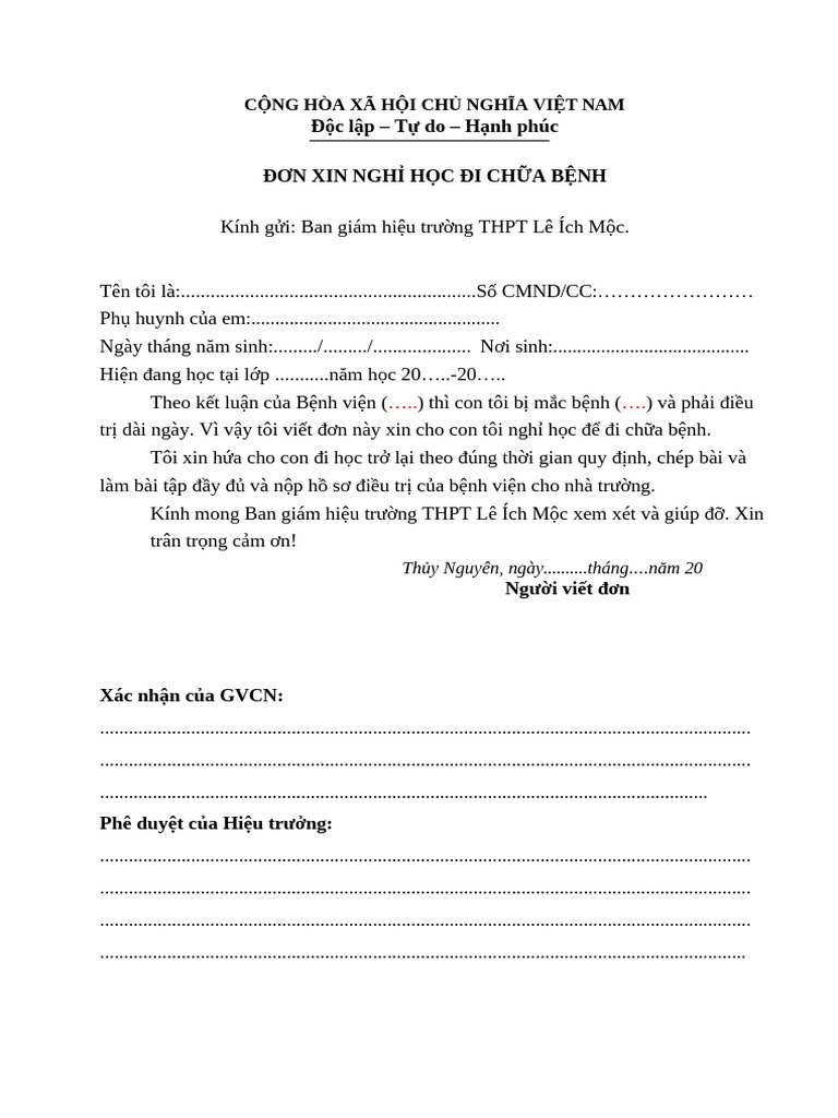 Mau Don Xin Nghi Hoc Di Chua Benh - 310202418 | PDF