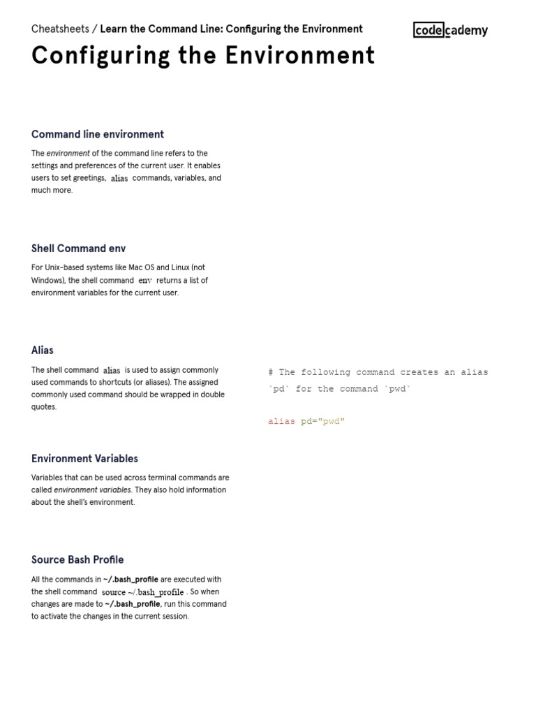 Learn The Command Line - Configuring The Environment - Configuring The Environment Cheatsheet ...