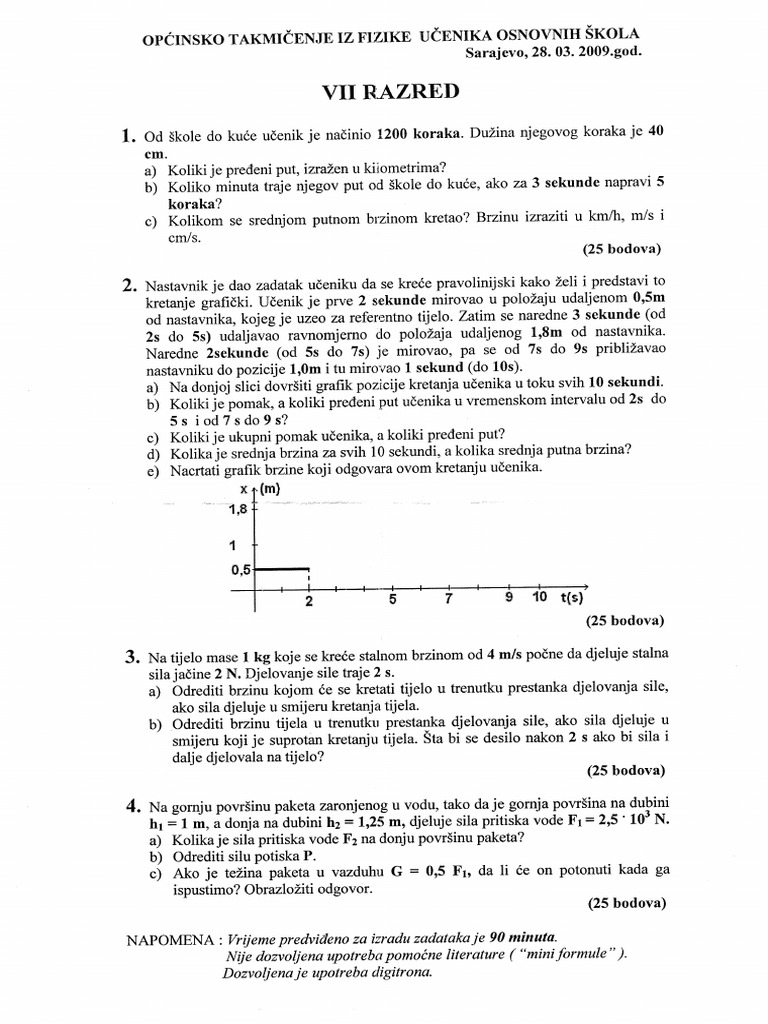 Opcinsko Takmicenje Iz Fizike VII Razred 2009 | PDF