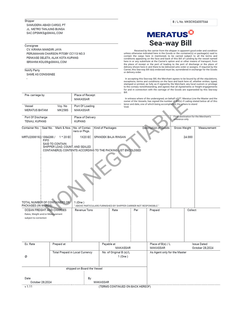 SWB Km. Meratus Batam v. 258 (MKS - Kupang) | PDF | Bill Of Lading | Cargo