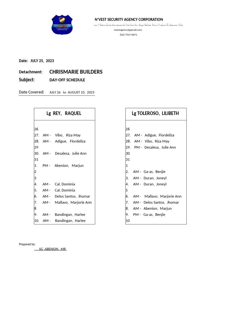 Day-Off Schedule: July 26-Aug 10, 2023 | PDF