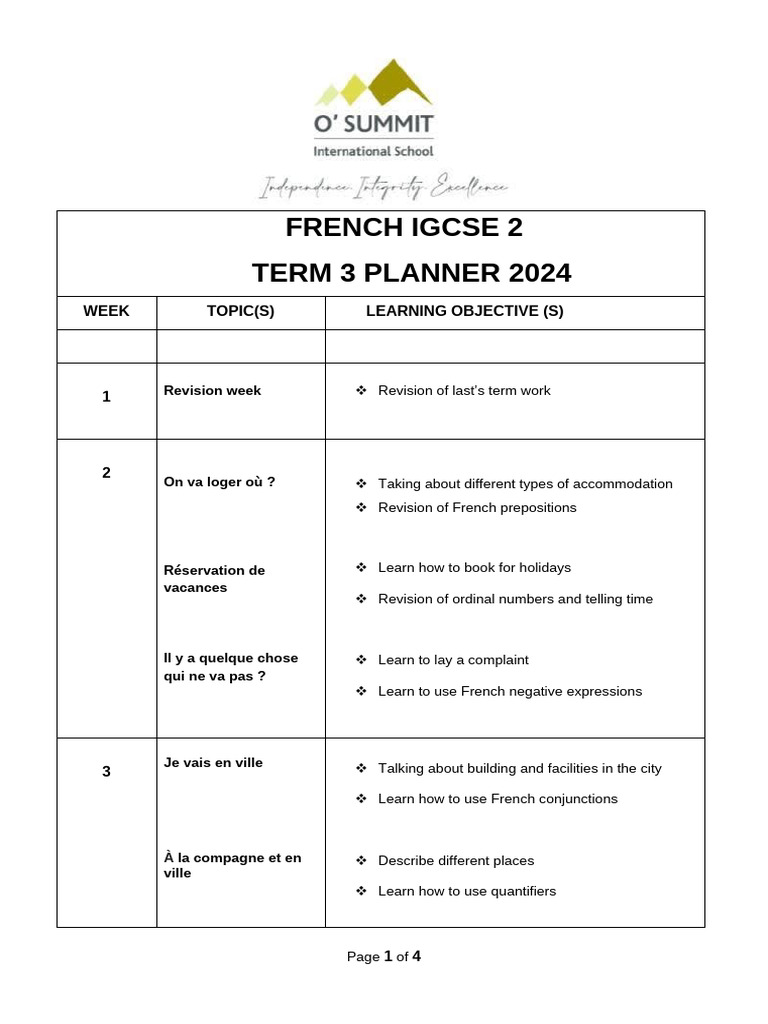 French IGCSE Term 3 Planner 2024 | PDF | Semantic Units | Linguistics