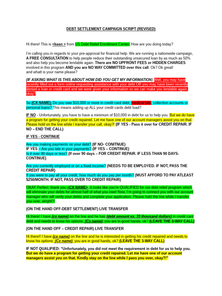 Debt Settlement Campaign Script | PDF | Debt | Credit